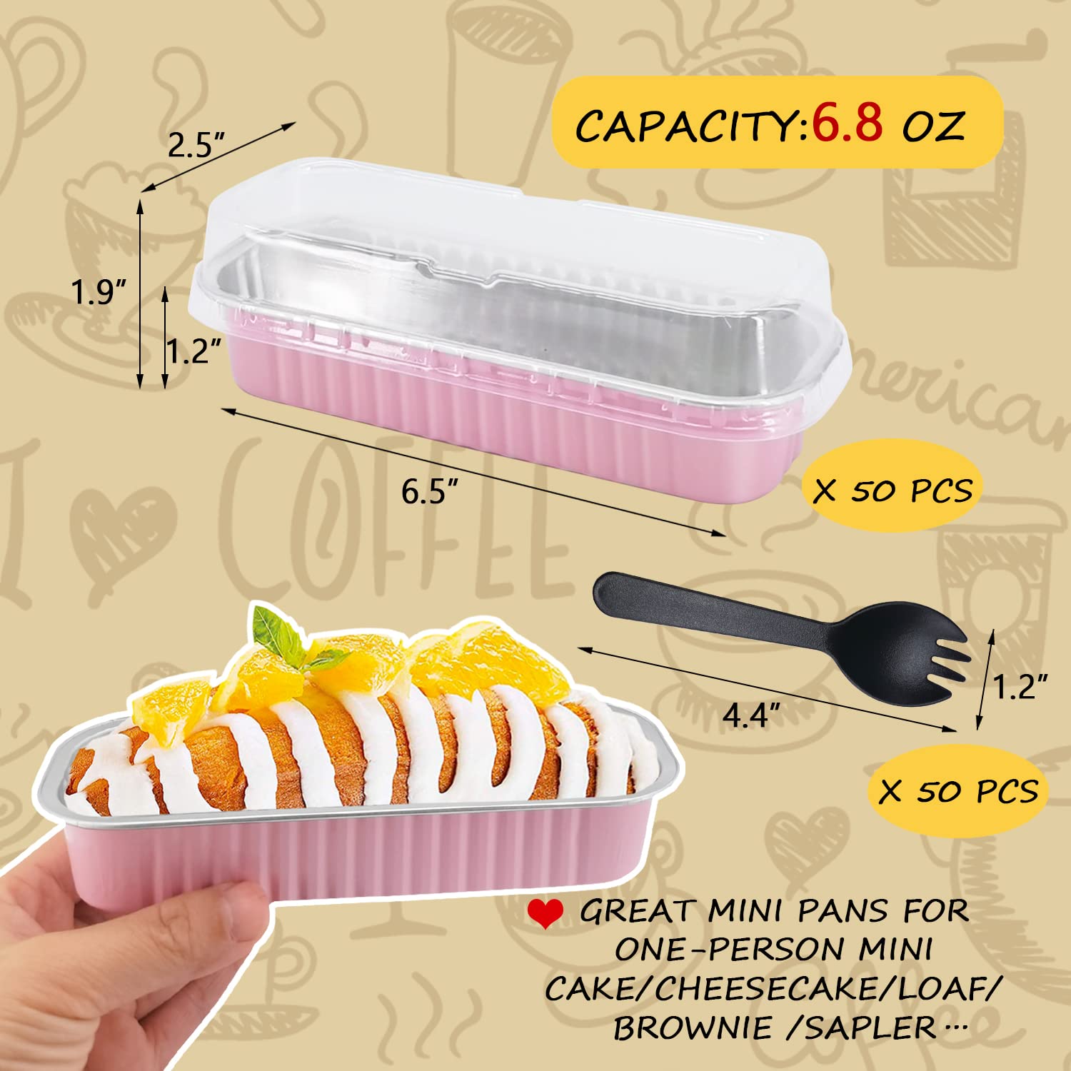 LNYZQUS Mini Loaf Pans With Lids 50 Pack, 6.8oz Rectangle Aluminum Foil Baking Pans Tins Containers,Disposable Ramekins Baking Cups Muffin Tins Cupcake Cups For Mini Cake Bread Loaf -Pink