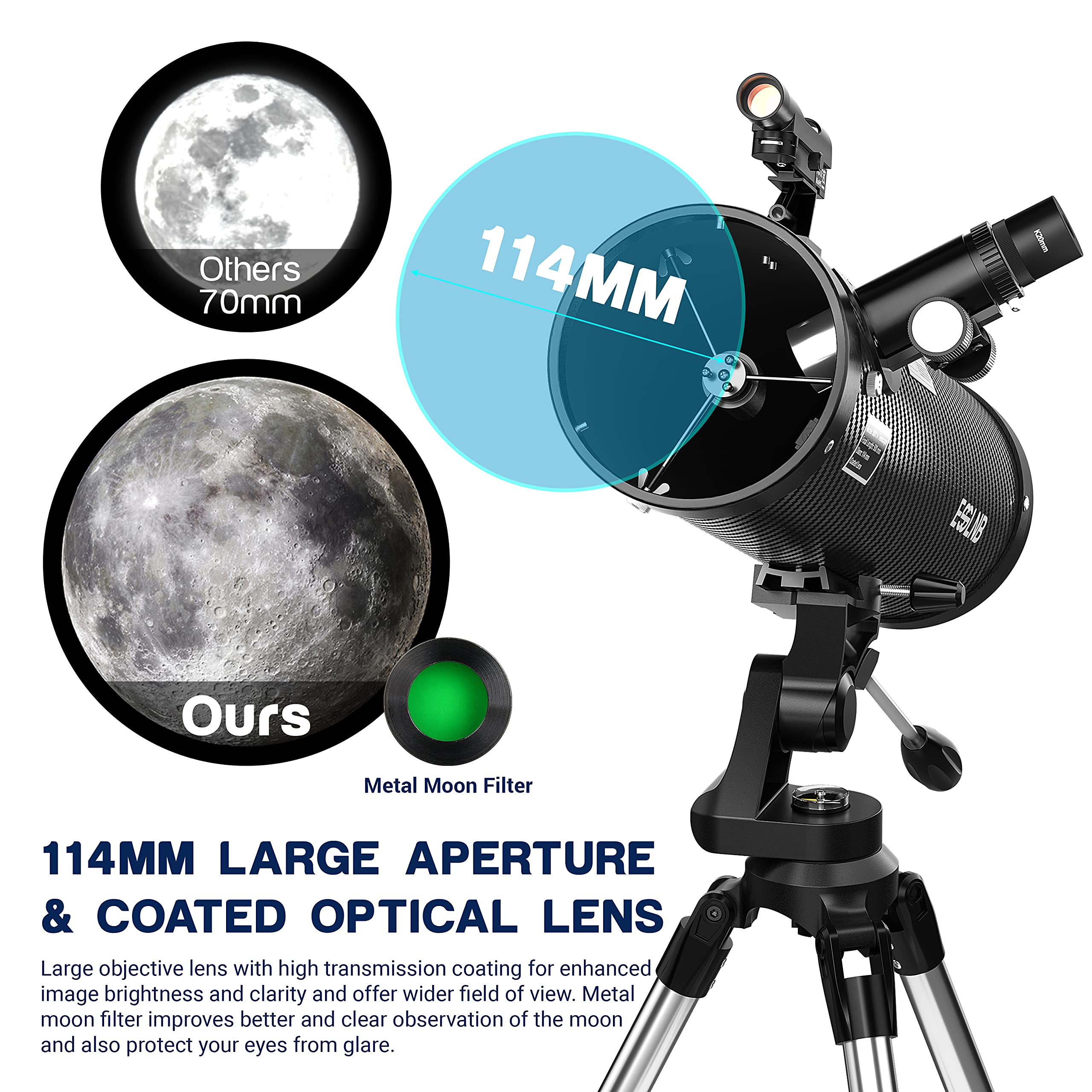 ESSLNB Astronomical Reflector Telescopes 114AZ Mount with Shutter Control and Steel Tripod 500mm Telescopes for Adults Astronomy Beginners with Phone Adapter 3X Barlow Lens and Moon Filter