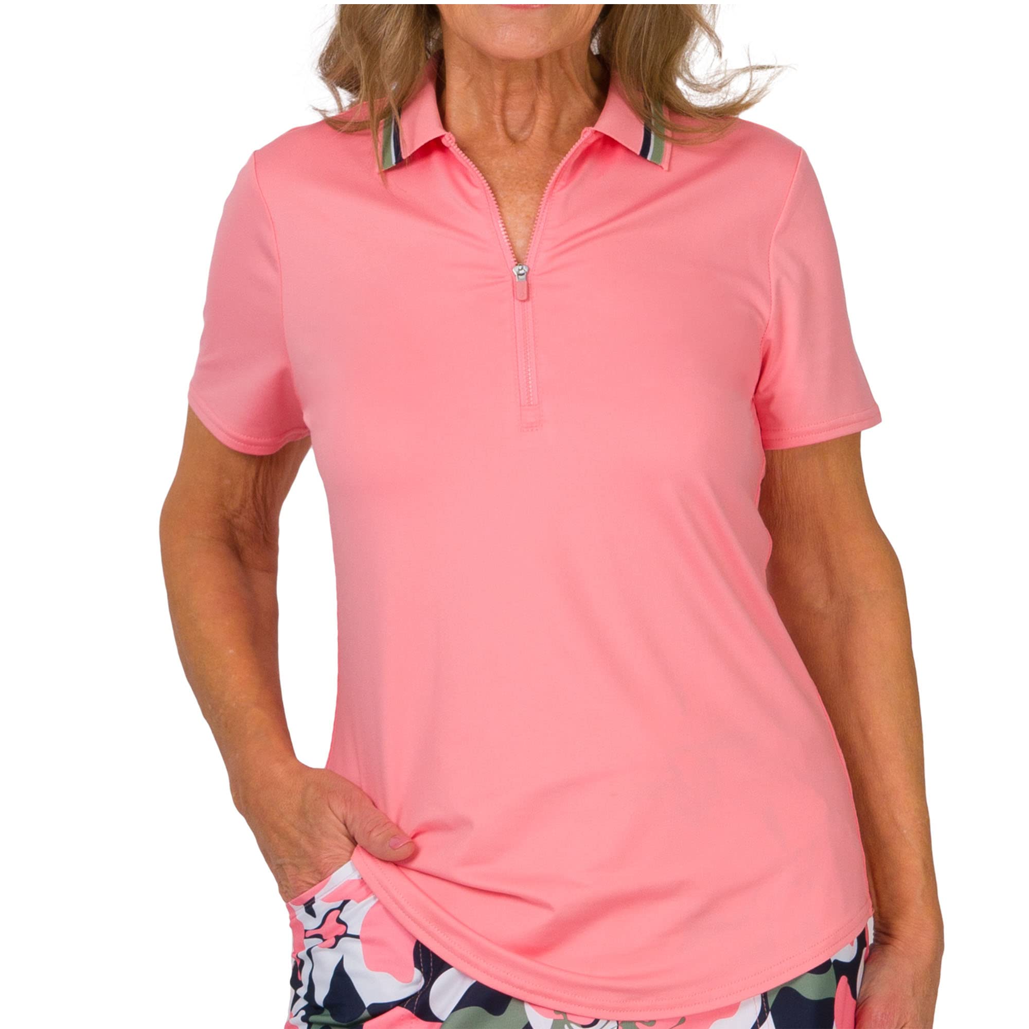 Jofit Apparel Women's Athletic Clothing Polo with Rib Collar for Golf & Tennis, Size Medium, Flamingo Pink