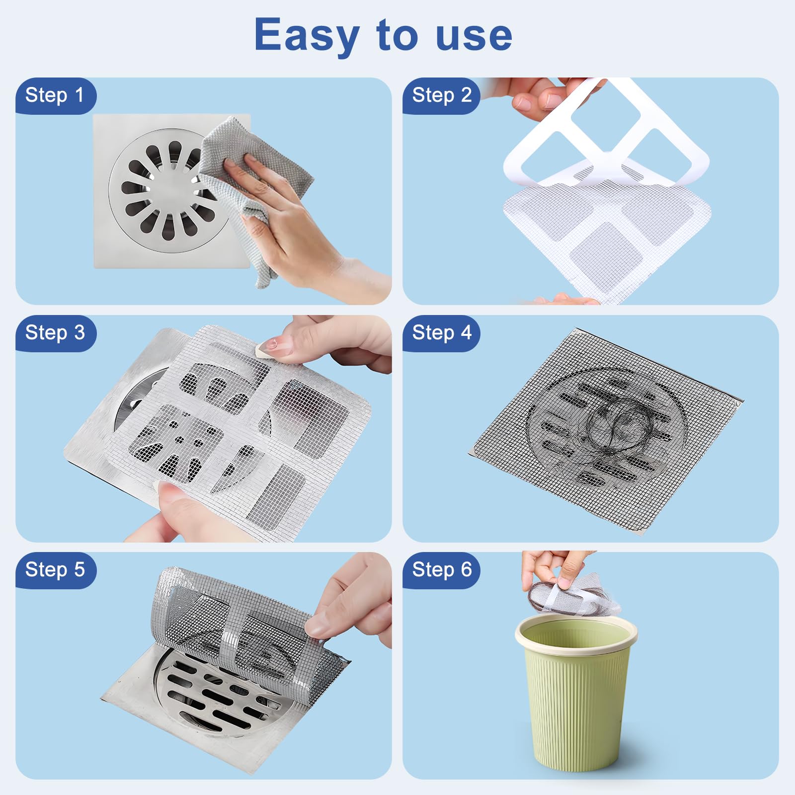 PASAGLU Disposable Drain Hair Catchers, 4" X 4" Disposable Shower Drain Mesh Stickers, Floor Drain Stickers for Bathroom, Laundry, Bathtub, Kitchen, Sink, for Human and pet Hair (50, White)