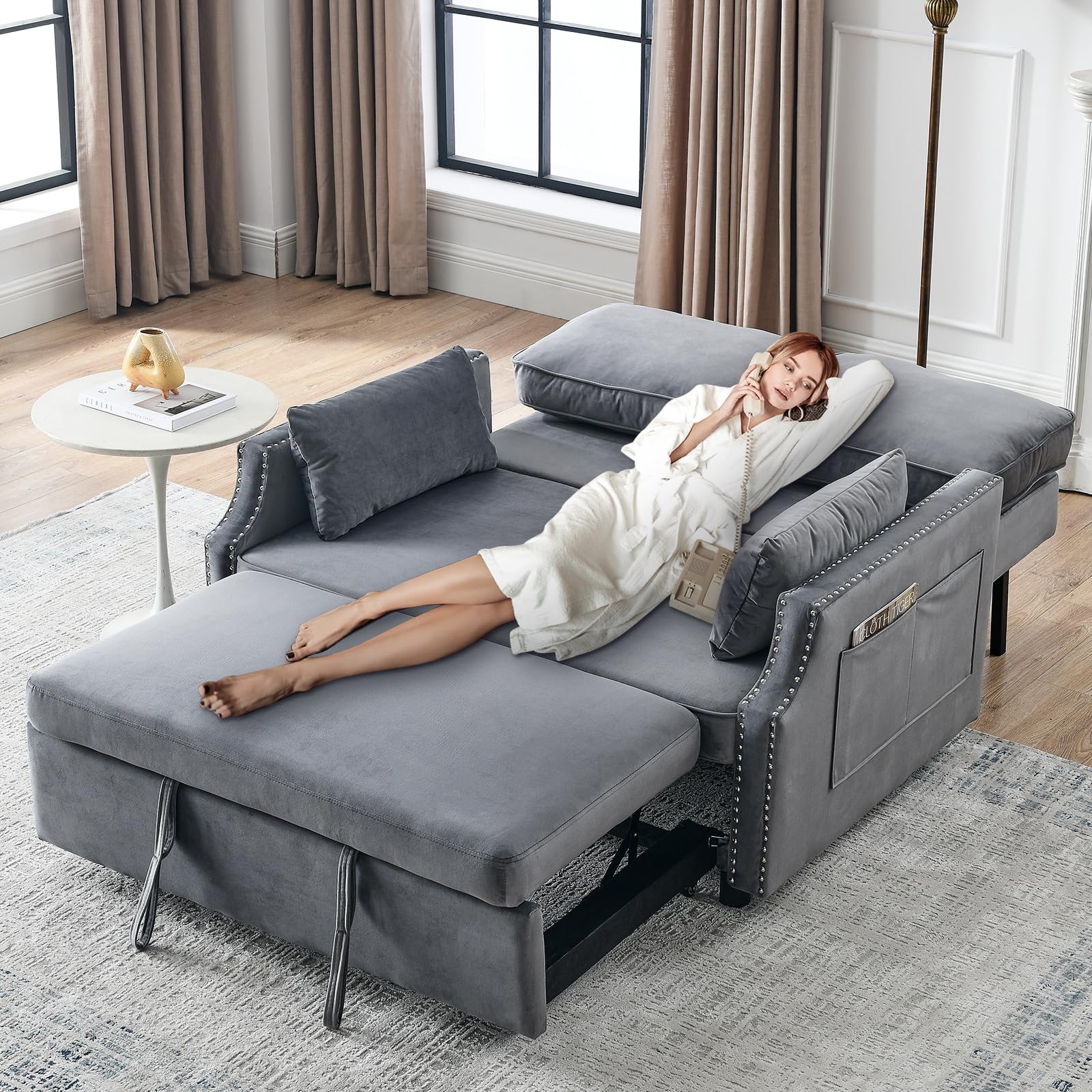PATAVOT 3 in 1 Sleeper Sofa Couch, Velvet Upholstered Sleeper Sofa Bed with Side Storage Pockets, 2-Seater Pull Out Couch with 2 Pillows and Removeable Backrest for Living Room, Apartment, Grey.