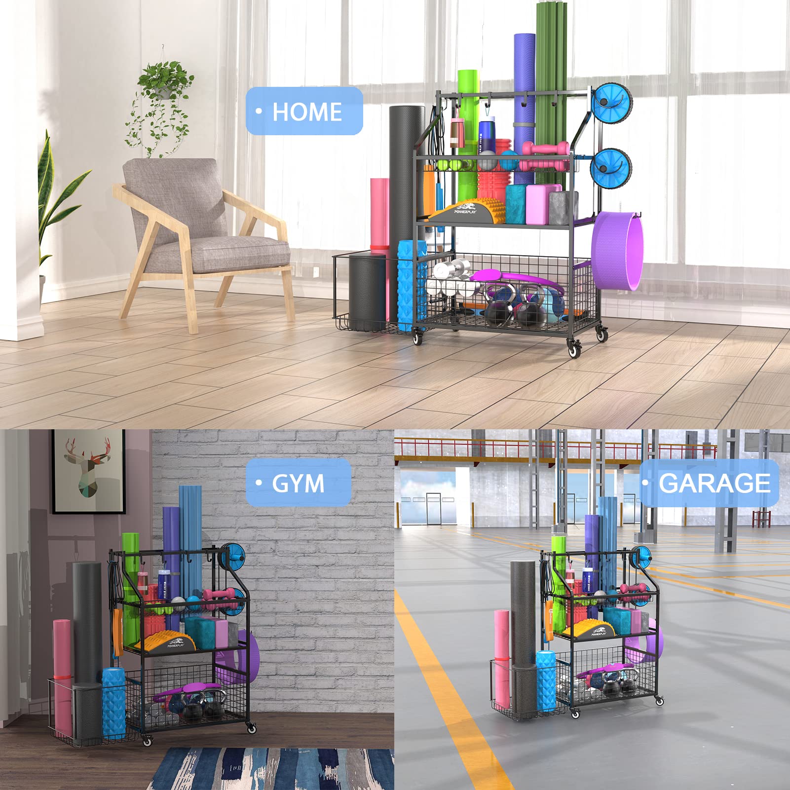 Home Gym Storage, Bergfore Yoga Mat Storage Racks, Gym Rack Organizer for Dumbbells Kettlebells Foam Roller, Yoga Strap and Resistance Band, Workout Equipment Storage Organizer with Wheels and Hooks