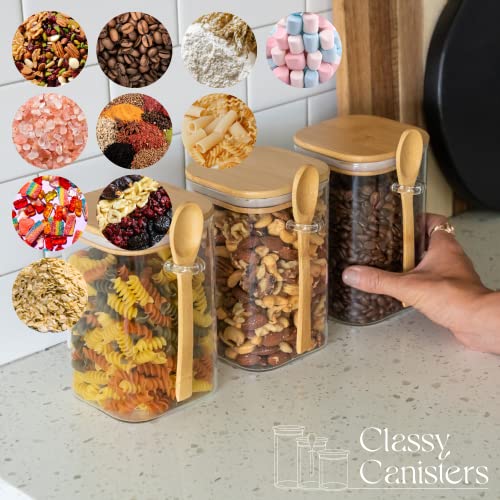 Set of 3 Square Glass Food Storage Containers With Bamboo Lids & Spoons β Decorative Airtight 40 Ounce Borosilicate Glass Food Storage Jars for Coffee, Tea, Sugar, Flour, Candy, Bath Salts & More