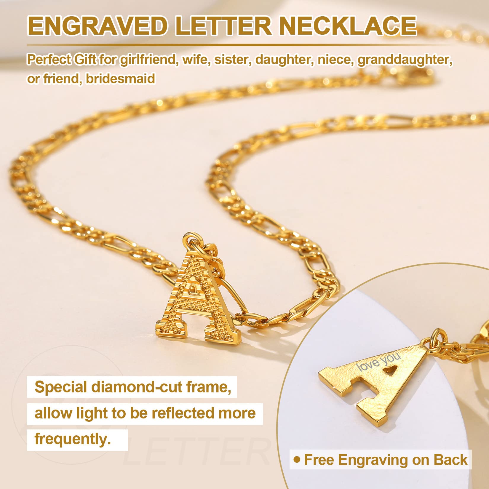 Gold Plated Diamond Cut Letter Initial T Pendant Necklace for Women A-Z Name Jewelry 16Inch/18inch Figaro Choker Chain Adjustable Personalized