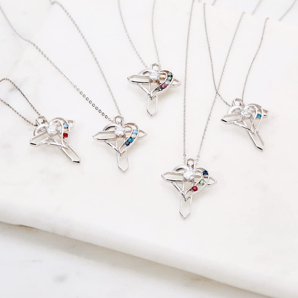 EVE'S ADDICTION Women's Custom Sterling Silver 3 Stone Simulated Birthstone Heart with Cross Pendant (20" chain) Personalized Mother Daughter - Gifts for Mom