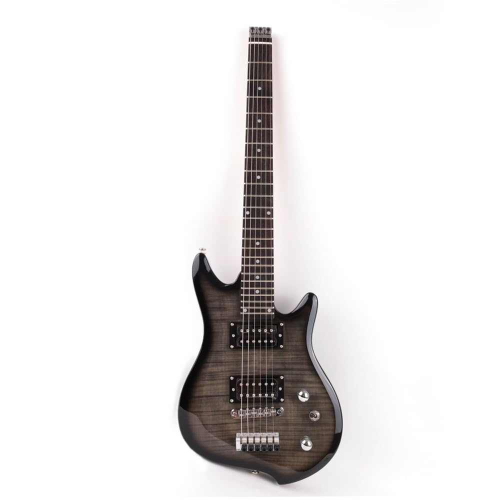 Fojill Full Scale Length Travel Portable Black Electric Guitars Mini Flame Maple Headless Electric Guitar (Black)