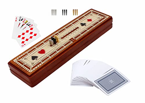 meremee Wooden Cribbgae Board Set 3 Track,9 Metal Pegs and 2 Playing Cards,Large Storage Dawer