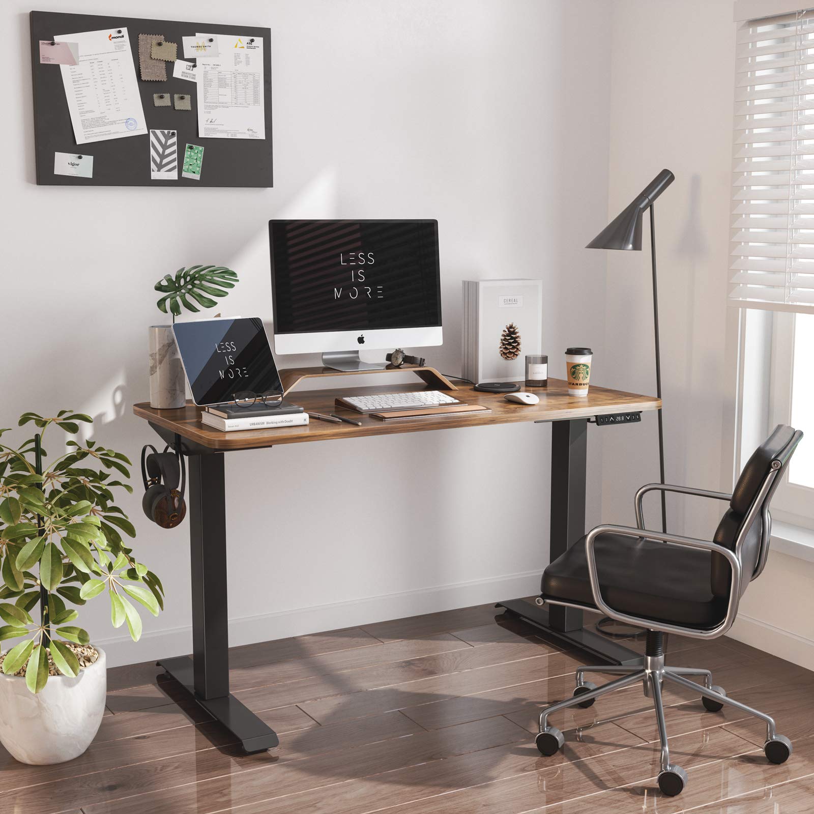 FAMISKY Dual Motor Adjustable Height Electric Standing Desk, 48 x 24 Inches Stand Up Home Office Desk with Splice Tabletop, Black Frame/Walnut Top