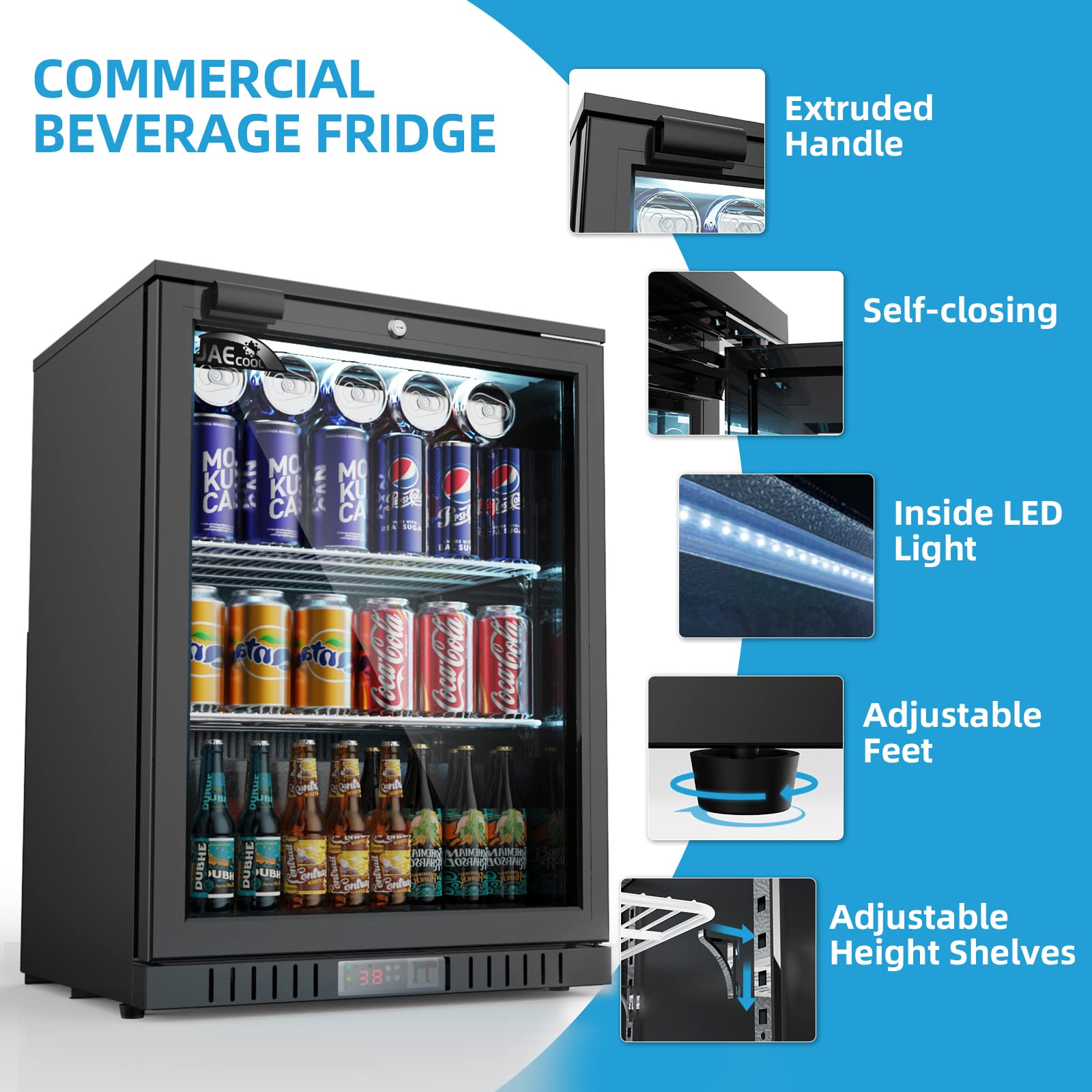 JAE Back Bar Cooler 3.6 cu ft(102 Cans), Low-E Tempered Glass Single door Beverage Refrigerator, Built-in Counter Height Display Cooler, Auto-defrost, Digital Control, Eco-friendly Compressor, ETL