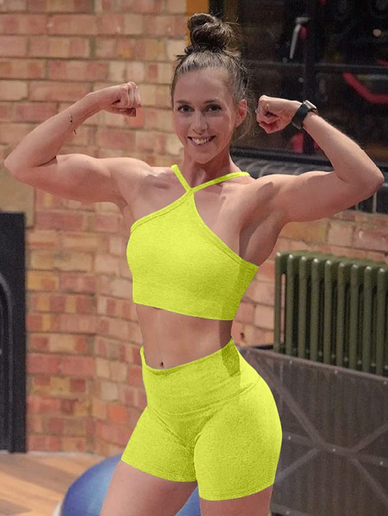 HYZ Women's Seamless Workout Gym Crop Top Adjustable Straps Sports Bra with Removable Padded Yellow