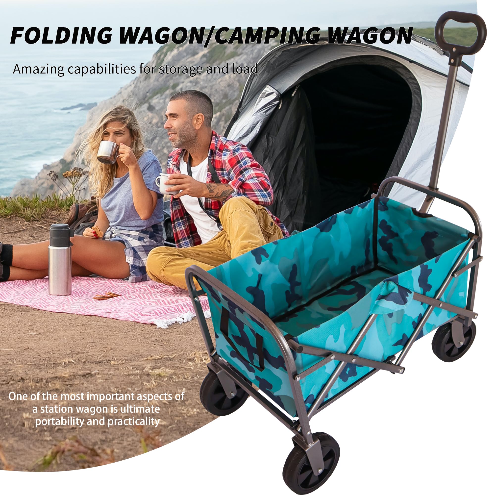 Garden Car Collapsible Folding Wagon Outdoor Multipurpose Micro All-Terrain Wheels Beach Trolley Cart Camping Utility Grocery Wagon Heavy Duty with 200lbs Weight Large Capacity & Drink Holders for Gar
