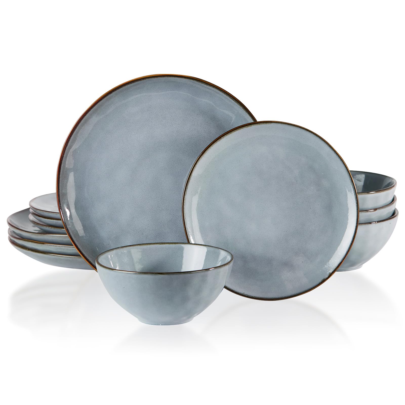 Famiware Dinnerware Sets for 4, Ocean Round 12-Piece Kitchen Plates and Bowls Sets, Reactive Glaze, Microwave and Dishwasher Safe, Scratch Resistant, Blue