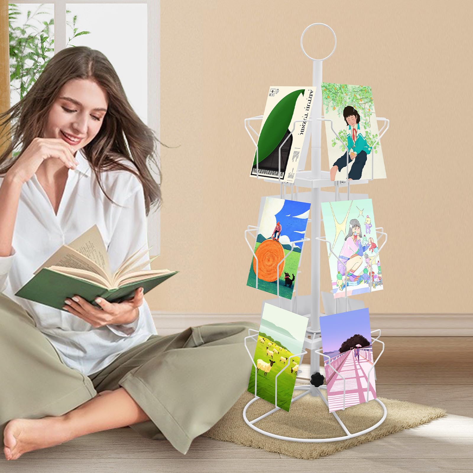 LOHISHILO 12 Pockets Countertop Rotating Greeting Card Rack 3 Tier Metal Display Stand Spinning Floor Stand Pocket Rotating Holder for Stickers Showcase, Classrooms, Offices, Libraries (White)