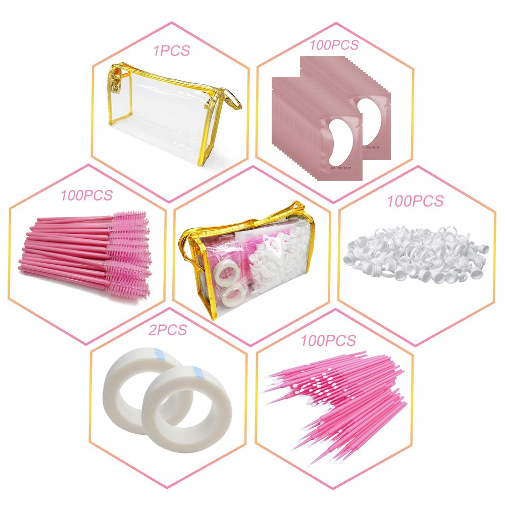 Eyelash Extension Supplies Kit Pink - Under Eye Pads, Disposable Mascara Wands, Glue Rings Holder, Micro Applicators