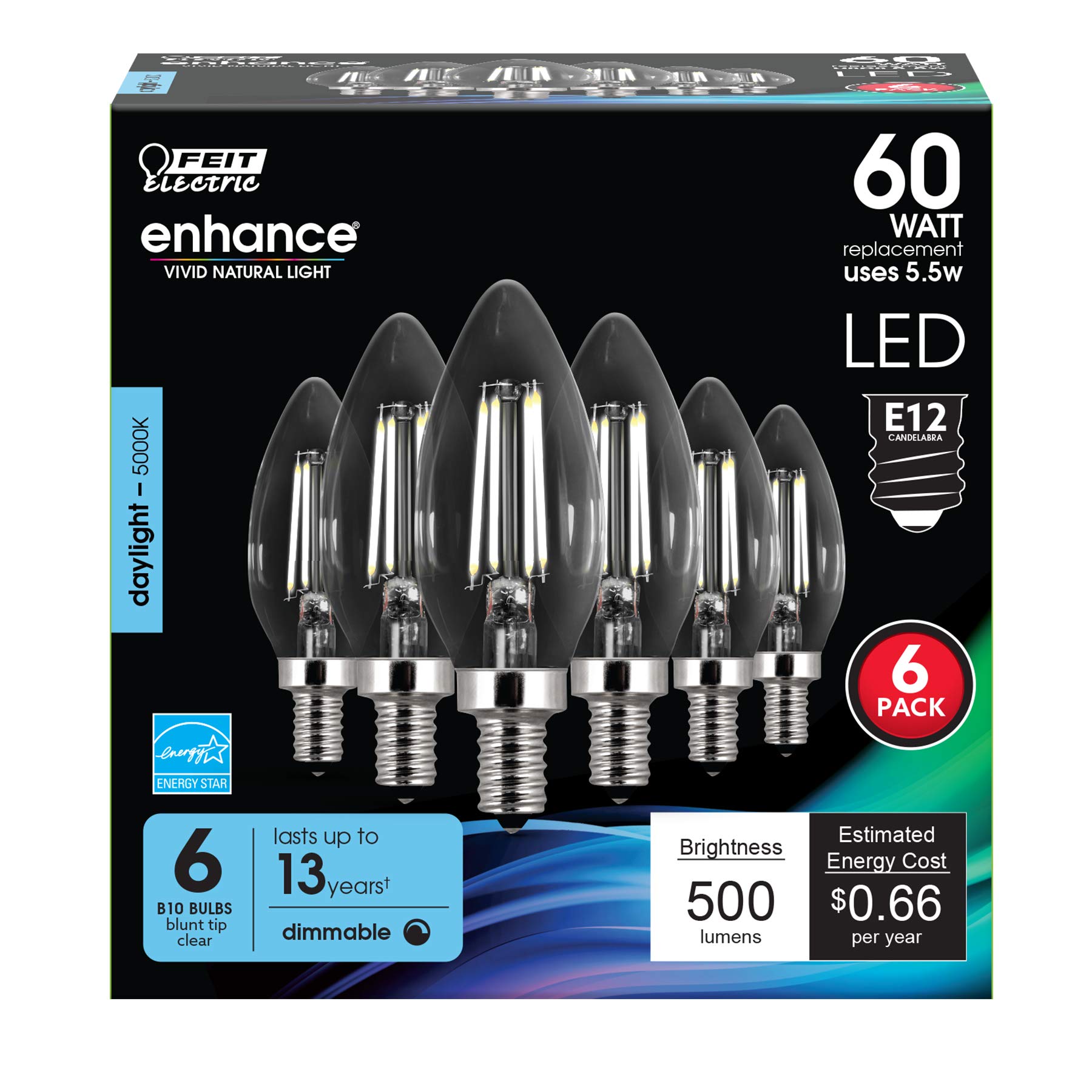 Feit Electric 60W Equivalent Candelabra LED Light Bulb, Dimmable, E12 Base, 5000K Daylight, B10 Filament Torpedo Tip Decorative Lighting Bulbs, 13-Year Lifetime, CTC60/950CA/FIL/6, 6-Pack