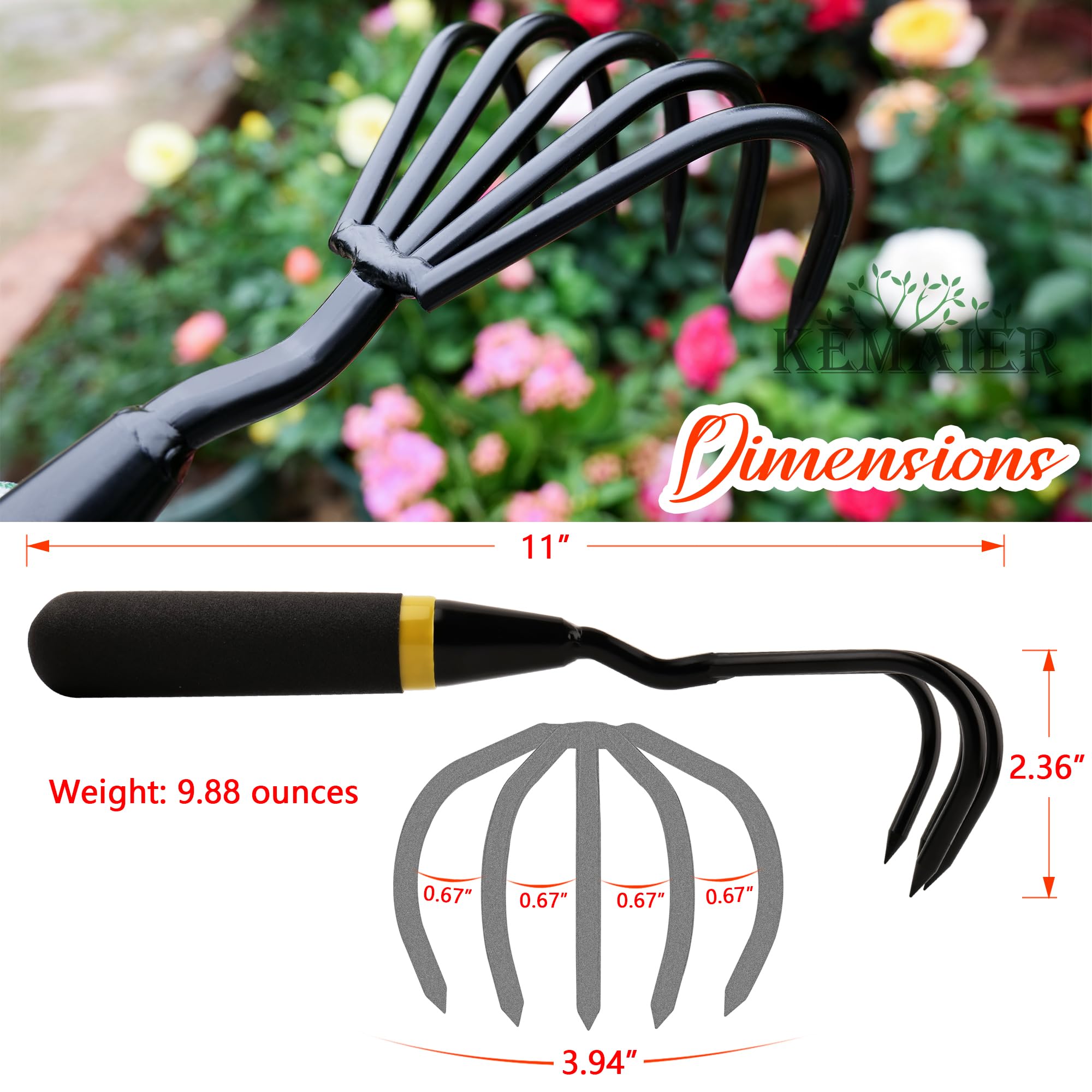Garden Rake - Kemaier Stainless Steel Hand Cultivator for Heavy-Duty Soil Loosening, Planting, and Weed Removal