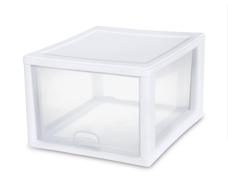 Frubo Stacking Drawer Storage Organizer Bin Box 27 Quart Plastic White Frame Clear Drawer, 4-Pack