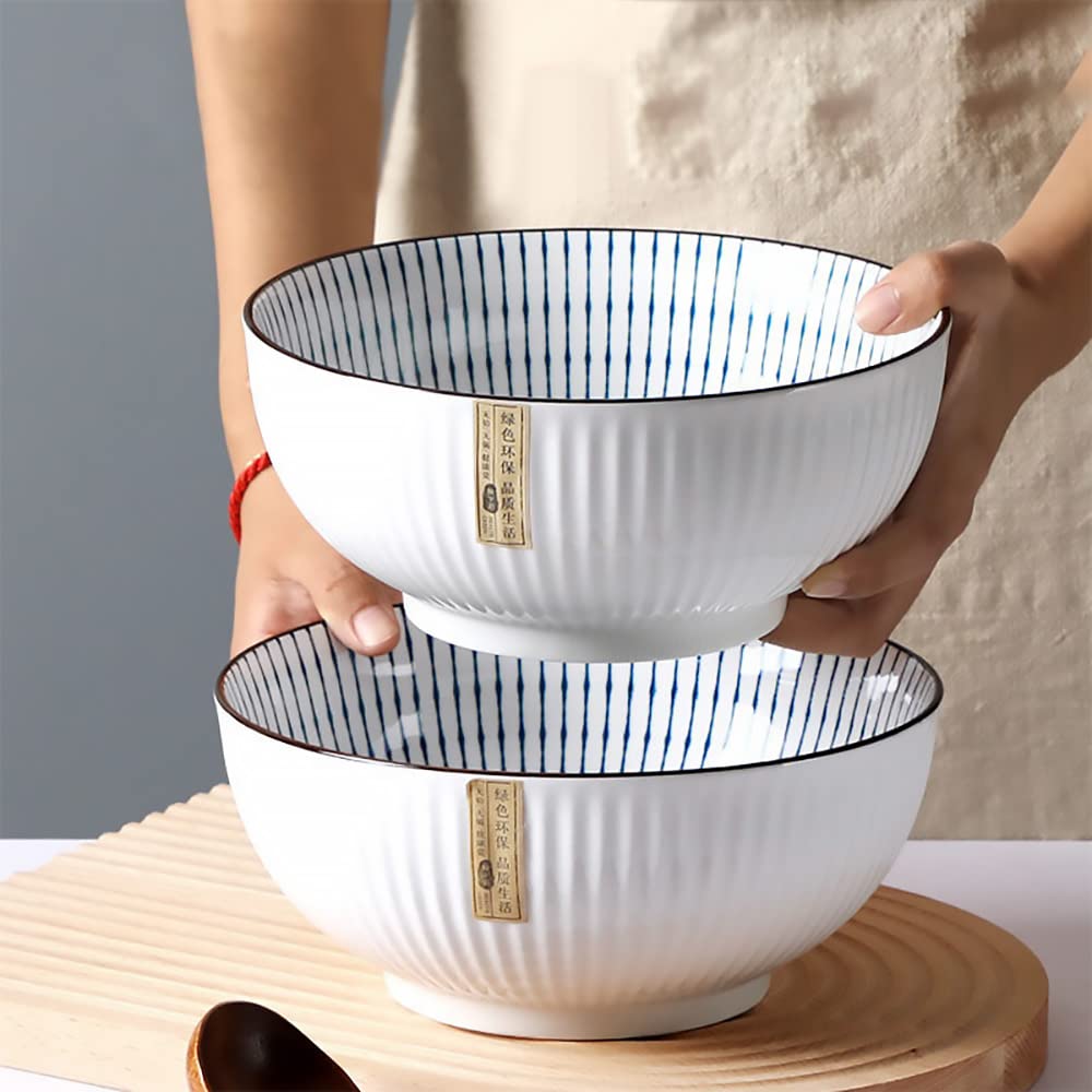 Hesen 60 oz Large Soup Bowl, Pho Bowls, Japanese Ramen Bowl Set, Big Porcelain Bowls Set of 3, 8 inches, Stripe Pattern
