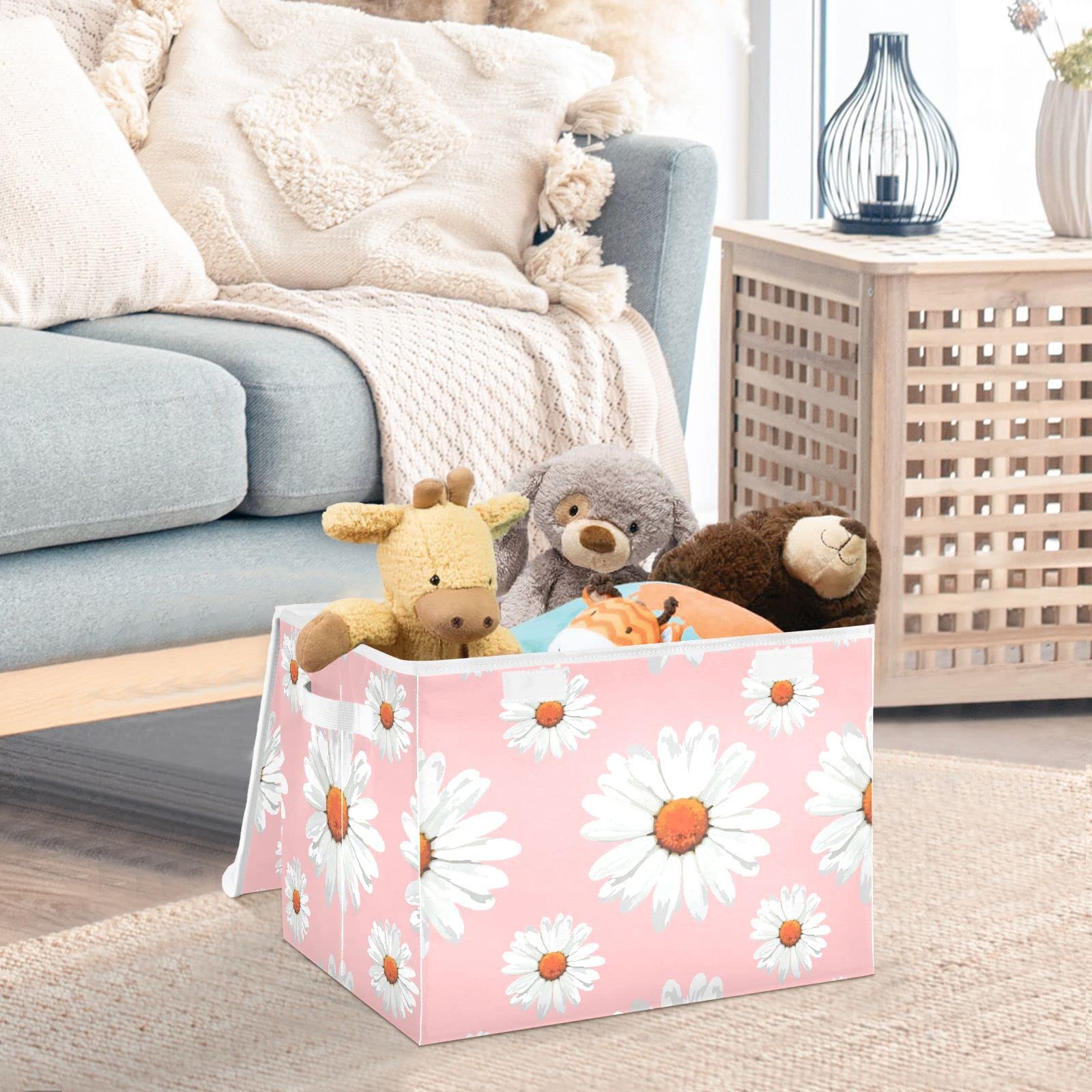 GUIJI Chamomiles Pink Fabric Storage Bins with Lids and Handle,Foldable Storage Bins with Lids,Closet Organizers for Clothes Storage,Room Organization, Office Storage, Chest Organizer