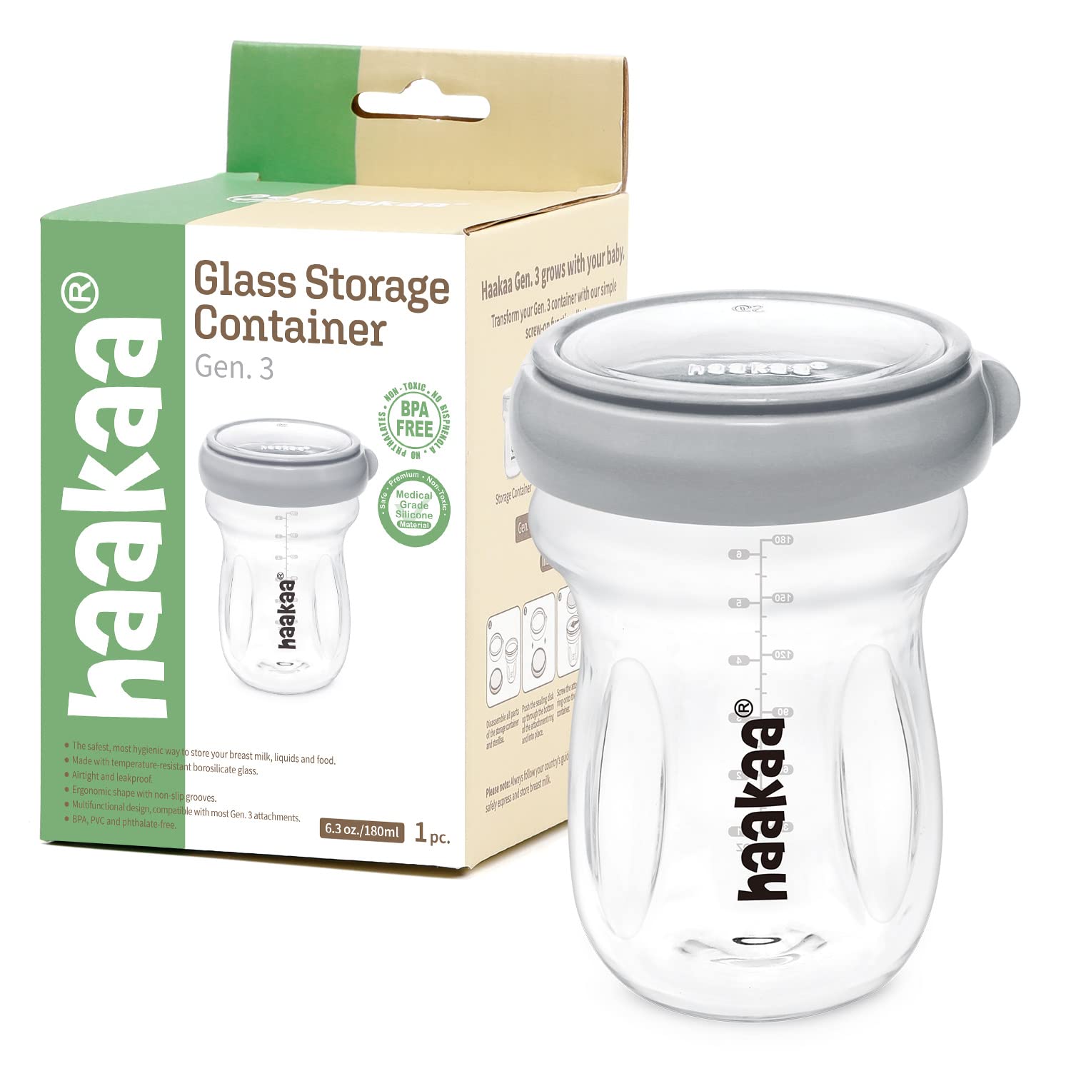haakaa Gen.3 Glass Milk Storage Container, Baby Food Storage Container with Lid, Wide Neck Food Storage Container, Grey, 6oz/180ml