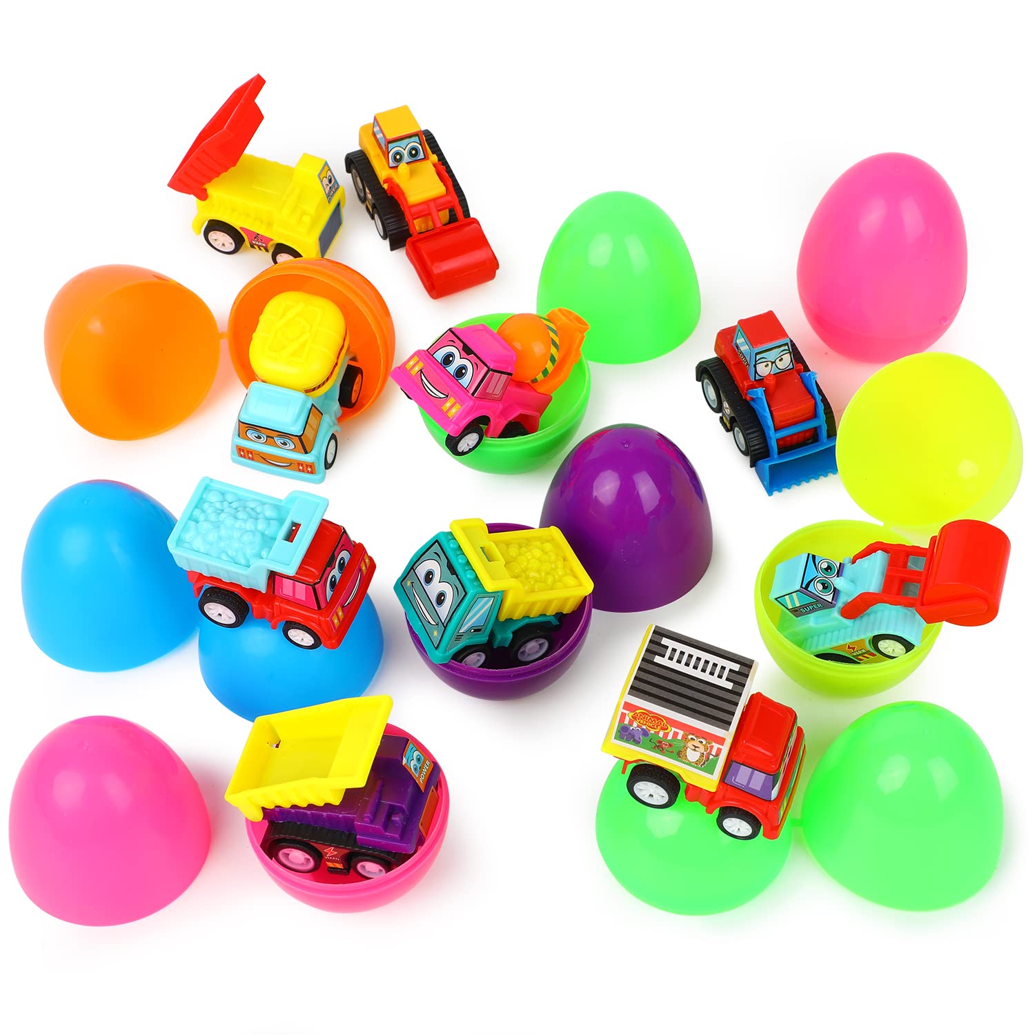 LOKIPA 12PCS Easter Eggs Filled with Pull-Back Car Toys, Plastic Easter Eggs Engineering Vehicles Toys for Easter Egg Hunt, Basket Stuffers Filler and Kids Birthday Party Favors