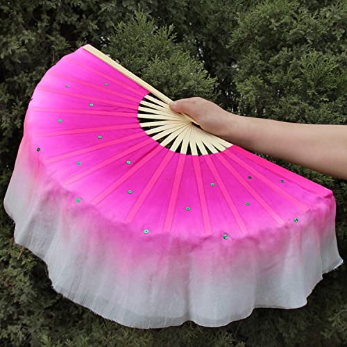 Folding Fan 2Pcs Chinese Short Bellydance Fan 30Cm Bamboo+10Cm Half Circle Silk Veil Pairs Yangko Dance Bamboo Fans Hand Dye Adults Fan (Blue Right Hand Only)