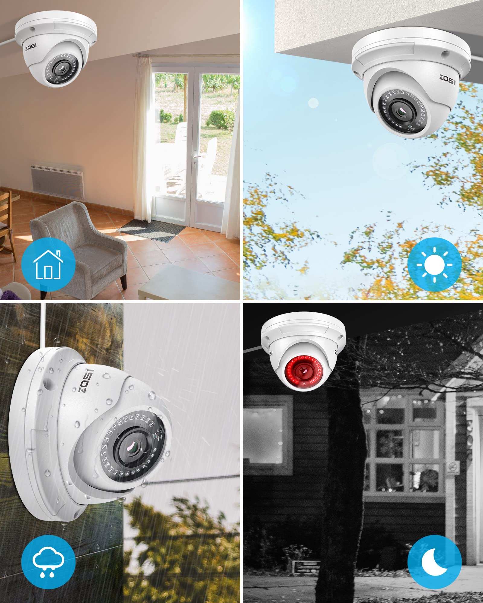 ZOSI 4PK 5MP Add-on POE IP Security Camera with Etherent Cables PoE Dome Camera with Night Vision,IP66 Weatherproof, Compatible with ZOSI 4K/5MP NVR(Model:ZR08EN,ZR08DN,ZR08PN,ZR16DK)