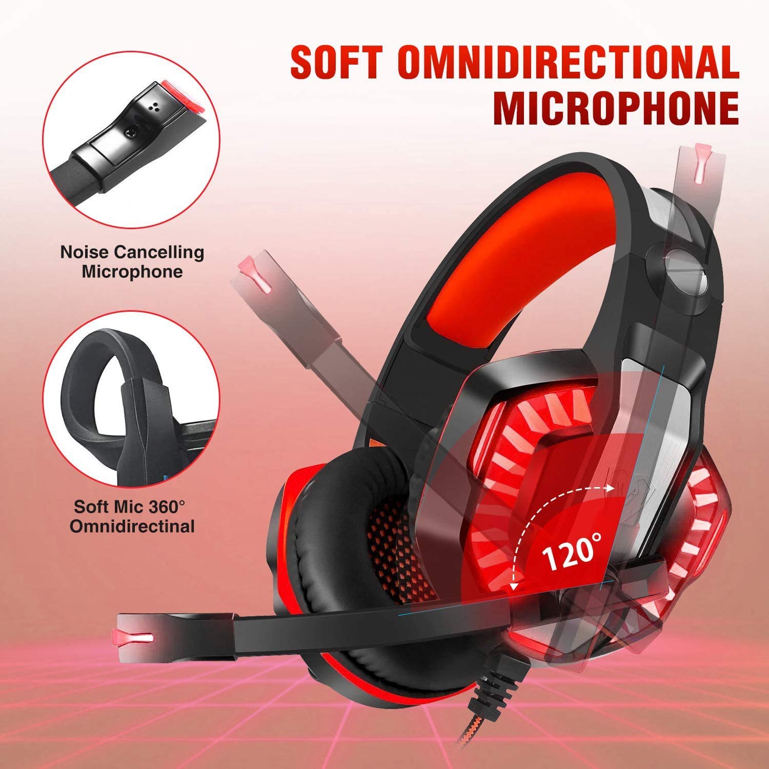 ENVEL Gaming Headset for PS4 with Mic,PC,Xbox One,Laptop,Surround Sound Over Ear Noise Cancelling Headphone with LED Lights Volume Control for Smartphone,Computer,Nintendo Switch (Red)