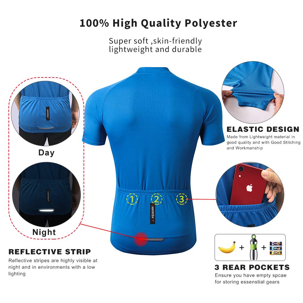FEIXIANG Men's Cycling Bike Jersey Short Sleeve Moisture Wicking Breathable Biking Shirts with 3 Rear Pockets (Blue, 3X-Large)