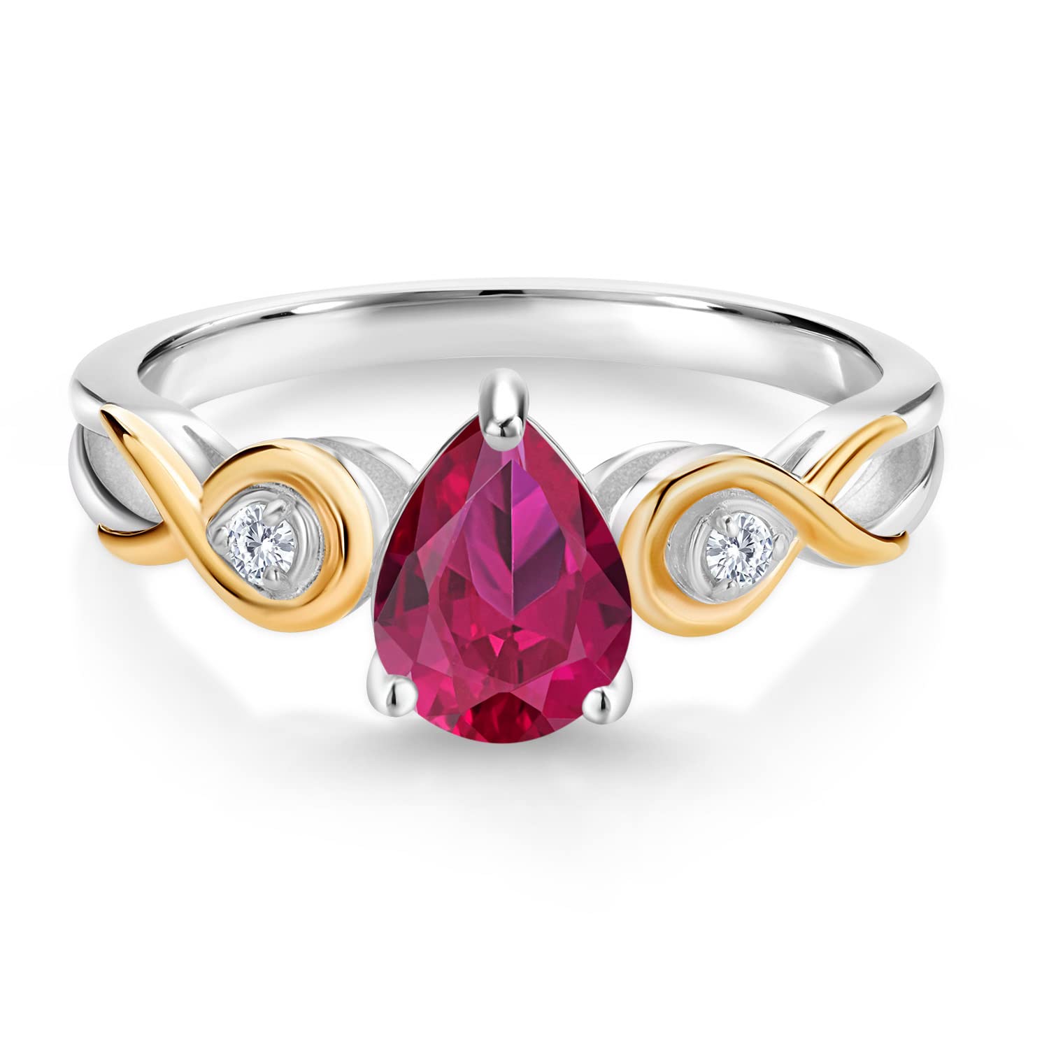 Gem Stone King 925 Sterling Silver and 10K Yellow Gold Pear Shape Red Created Ruby and White Lab Grown Diamond Women Ring (1.30 Cttw, Available In Size 5, 6, 7, 8, 9)