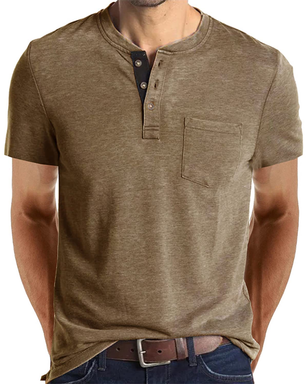 Fashion Men's Henley Shirts Classic Short Sleeve Basic Button Cotton T-Shirt with Pocket Khaki