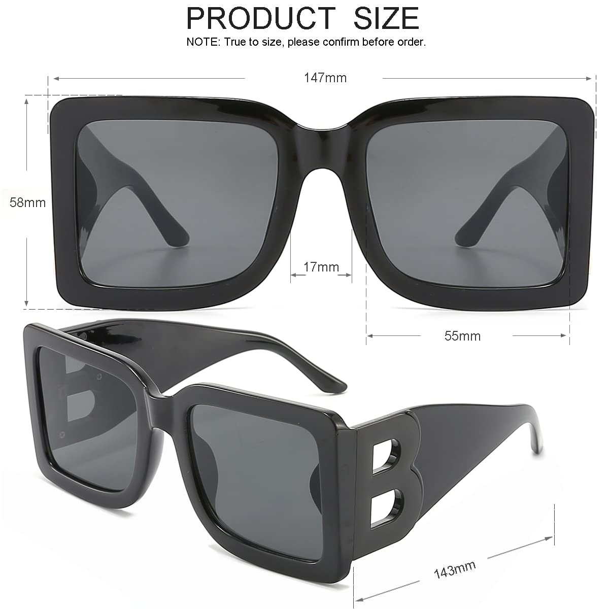 JOVAKIT Trendy Oversized Square Sunglasses for Women Men Fashion Black Thick Large Frame Luxury Designer Sun Glasses (Black&Black/Grey)