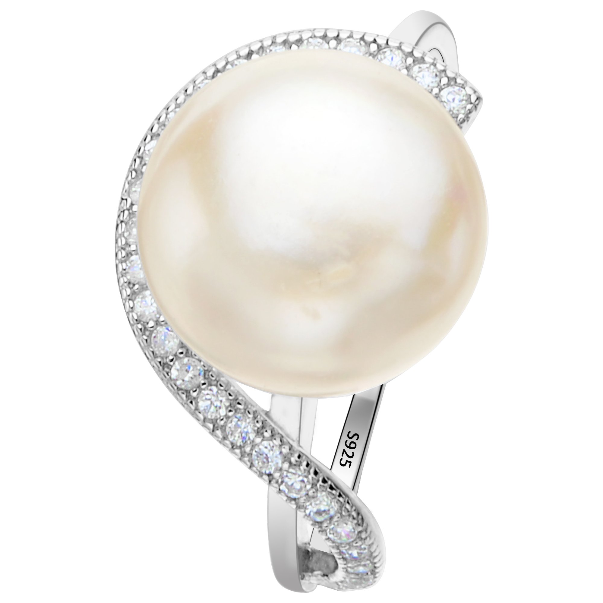 EVER FAITH 925 Sterling Silver Clear CZ 10MM AAA Freshwater Cultured Pearl Bridal Wedding Ring Size 8