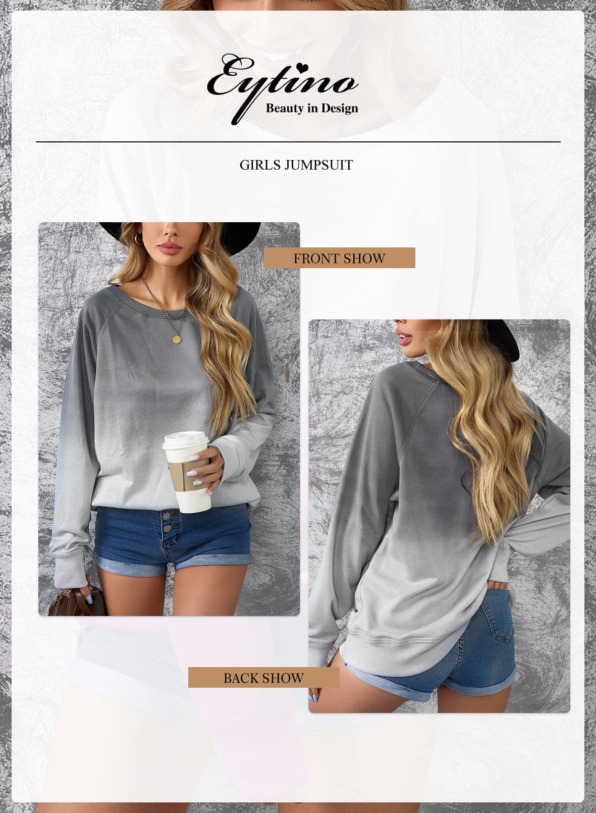 Eytino Women Long Sleeve Pullover Sweatshirts Colorblock Tie Dye Printed Tops,Large Gray