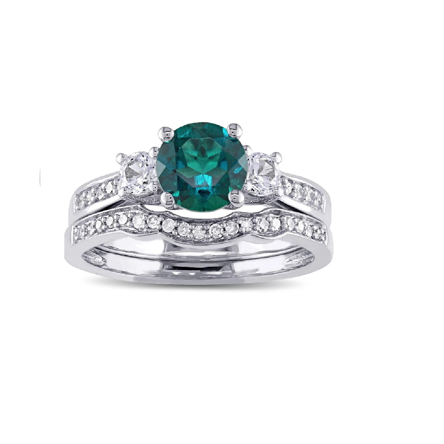 Elegant Touch Engagement Ring Set Three Stone Ring Emerald & Diamond Ring Set Bridal Ring Set for Womens 14K White Gold Plated (Ring Size-6.5)