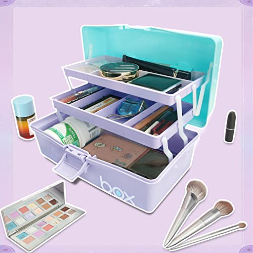 TERGOO 12in Three-Layer Multipurpose Storage Box Organizer Folding Tool Box/Art & Crafts Case/Sewing Supplies Organizer/Medicine Box/Family First Aid Box with 2 Trays (Purple Blue)