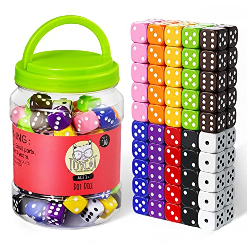 JoyCat 16mm 6 Sided Dice Set Standard Game Dice Kids for Board Games Dice Games Math Dice for Classroom with Storage Bucket 10 Colors (50, Opaque)