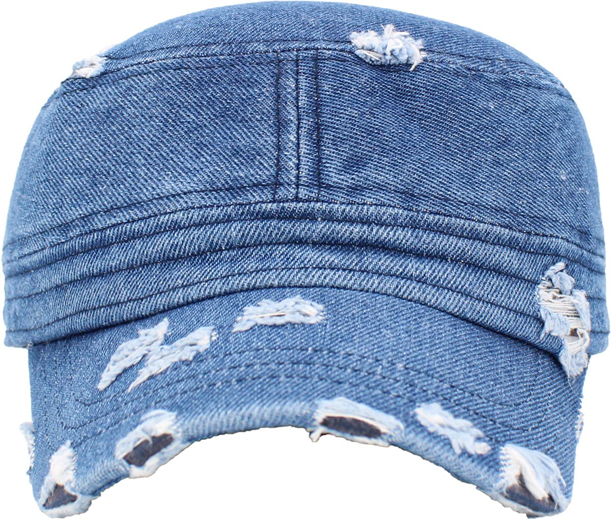 Funky Junque Military Style Cadet Hat Army Vintage Distressed Adjustable Cap - Distressed Denim