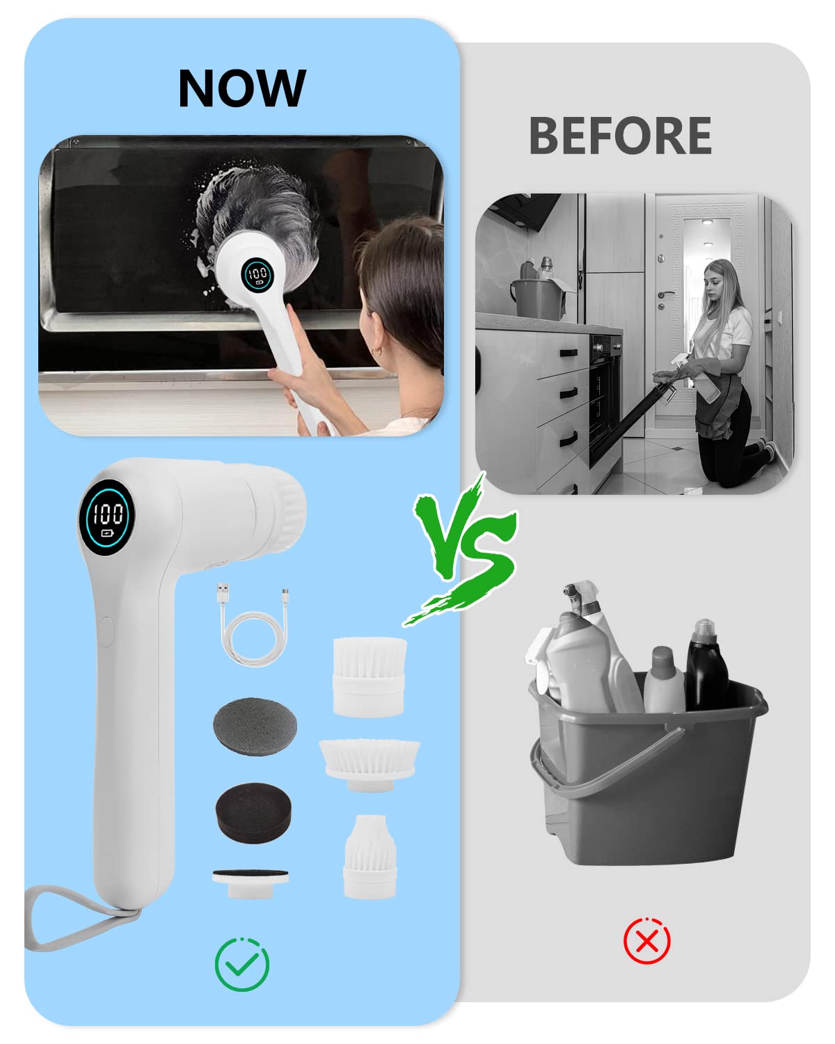 Electric Spin Scrubber,Power Scrubber Cleaning Brush,Handheld Shower Cleaner,Cordless Power Spinning Scrub Brush with 2 Rotating Speeds and 6 Replaceable Brush Heads for Bathroom,Tile, Tub, Kitchen