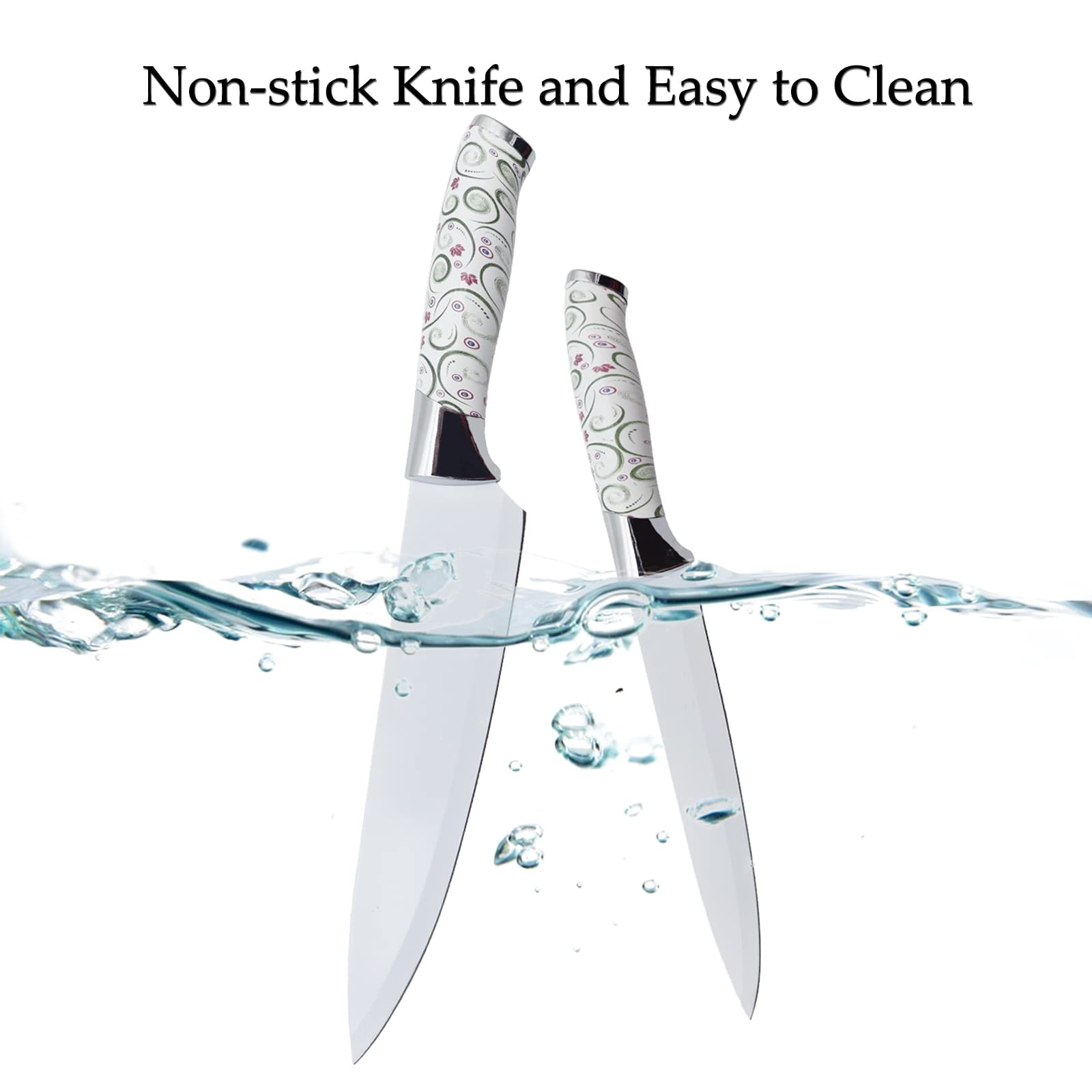 Knife Set for Kitchen, Retrosohoo White 6-Piece Stainless Steel Sharp Block Knife Set with Flower Pattern, Non-stick Non-slip Cooking Knives Set for Cutting Chopping Slicing Dicing