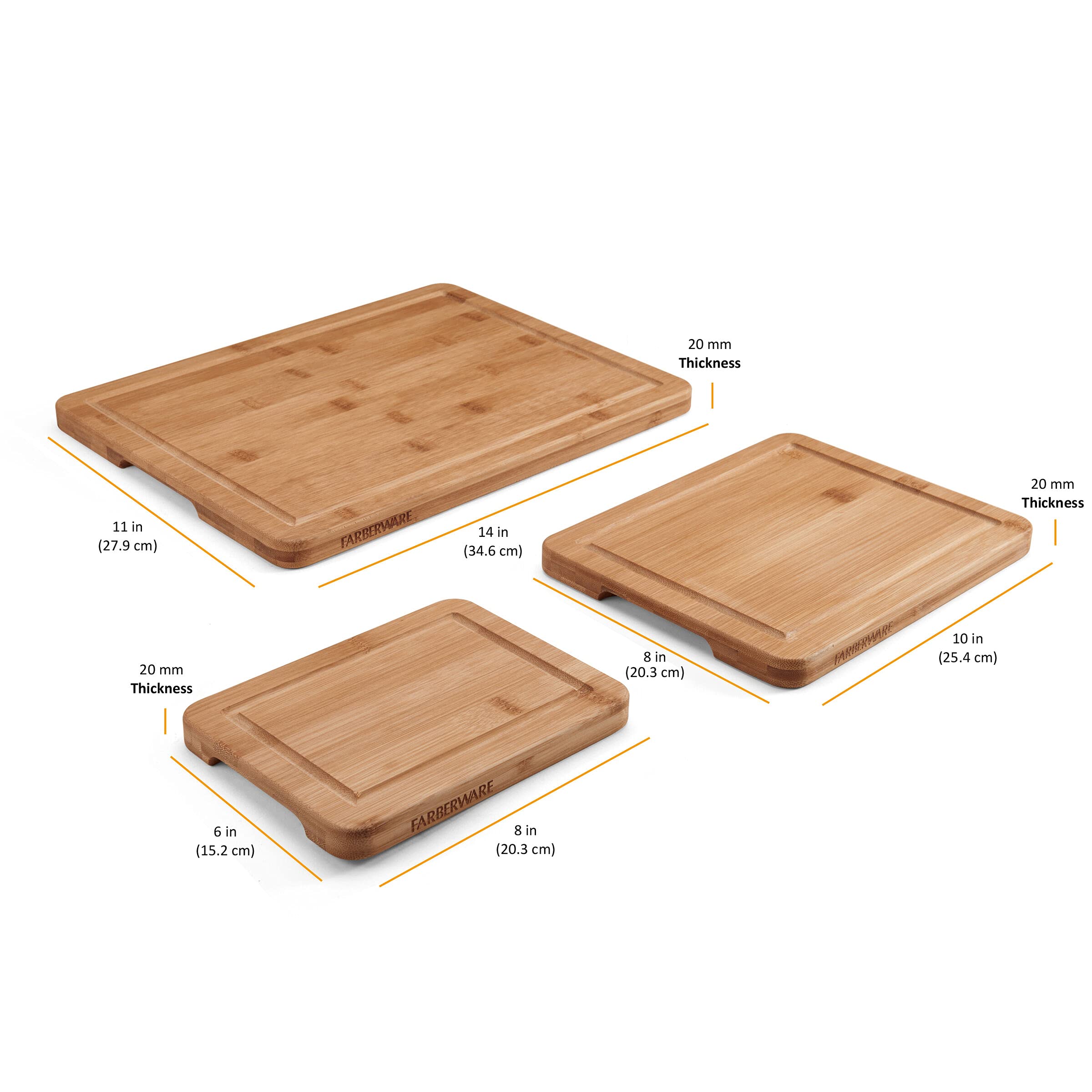 Farberware Bamboo Cutting Board Set With Juice Groove and Handles, 3-Piece, Natural