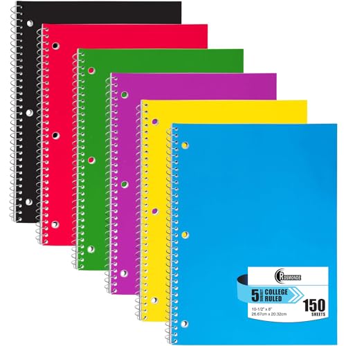 Rosmonde 5 Subject Spiral Notebook College Ruled, 6 Pack, 300 Pages (150 Sheets), 8" x 10-1/2", School & Office Note Books, Sturdy Spiral Bound, Soft Cover, Assorted Fun Colors, 5 Subject Notebooks