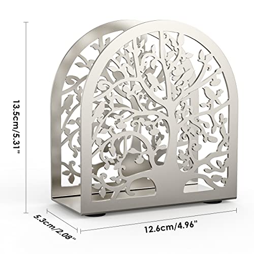 Housolution Napkin Holder, Tree & Bird Design Metal Napkin Holder for Kitchen and Table, Freestanding Modern Napkins Holder for Home & Picnic Party, Silver