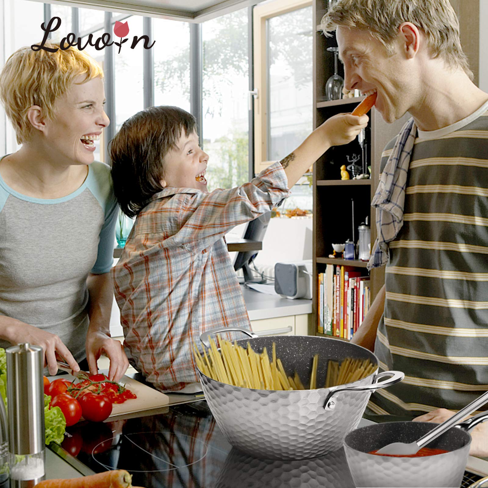 FRUITEAM Nonstick Cookware Set 11-Piece Hammered Kitchen Ware Pots & Pans Set Induction Cooking Pots Even Heating Pans, Oven/Stovetop Safe for Family Meals, Grey