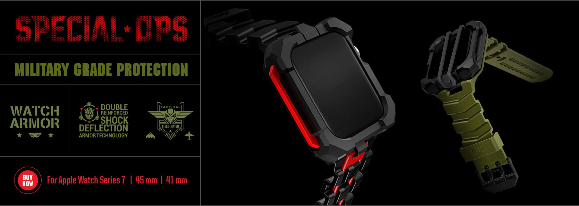 Element Case Special Ops Watch Band and Case for Apple Watch Series 7/8 (45mm) - Rugged, Lightweight and Shock Absorbent Case - Black/Red (EMT-522-260AZ-01)