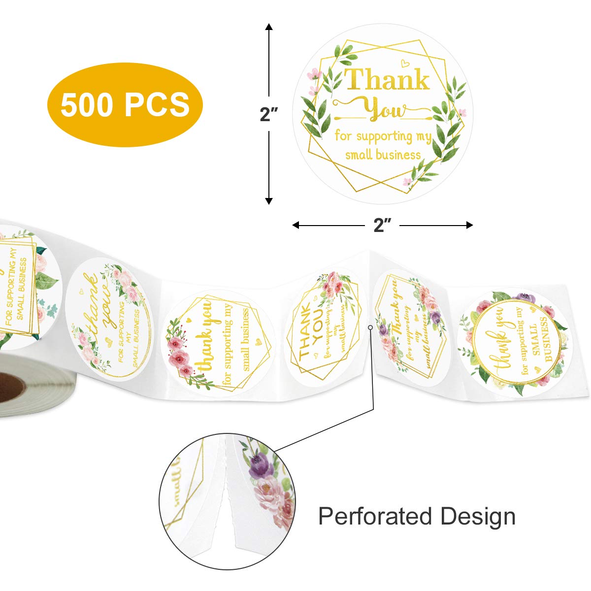 FANCY LAND Thank You for Supporting My Small Business Stickers Floral Appreciation Labels for Shops Homemade Crafts 2" 500 Pcs