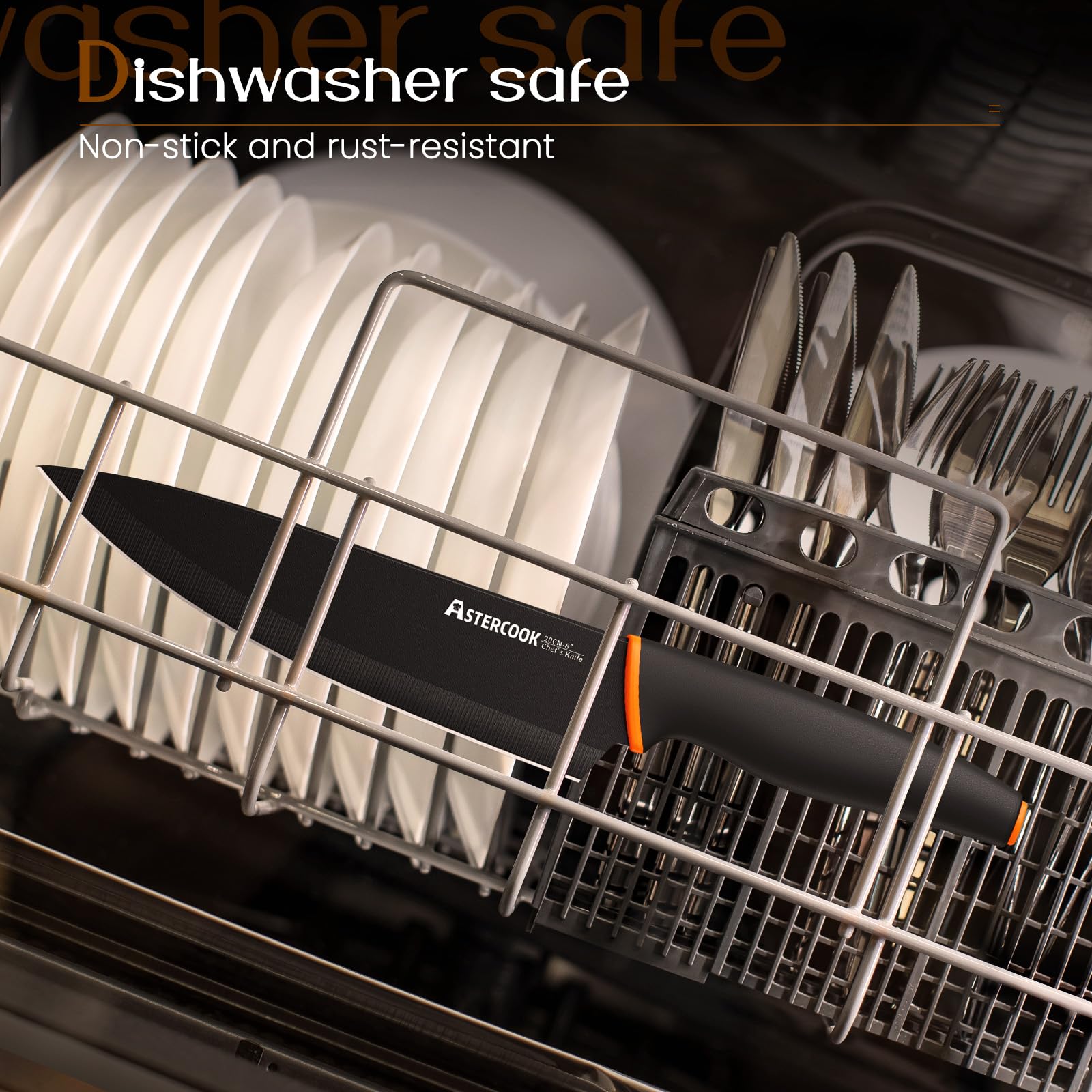 Knife Set, Astercook 15 Pcs Dishwasher Safe Kitchen Knife Set with Built-in Sharpener, High Carbon German Stainless Steel Black Knife Block Set