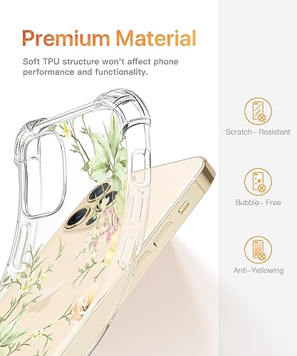 GVIEWIN for iPhone 12 Case and iPhone 12 Pro Case with Screen Protector + Camera Lens Protector, Clear Floral Flexible TPU Shockproof Women Girls Flower Phone Case 6.1"(Peach Blossom/Yellow)