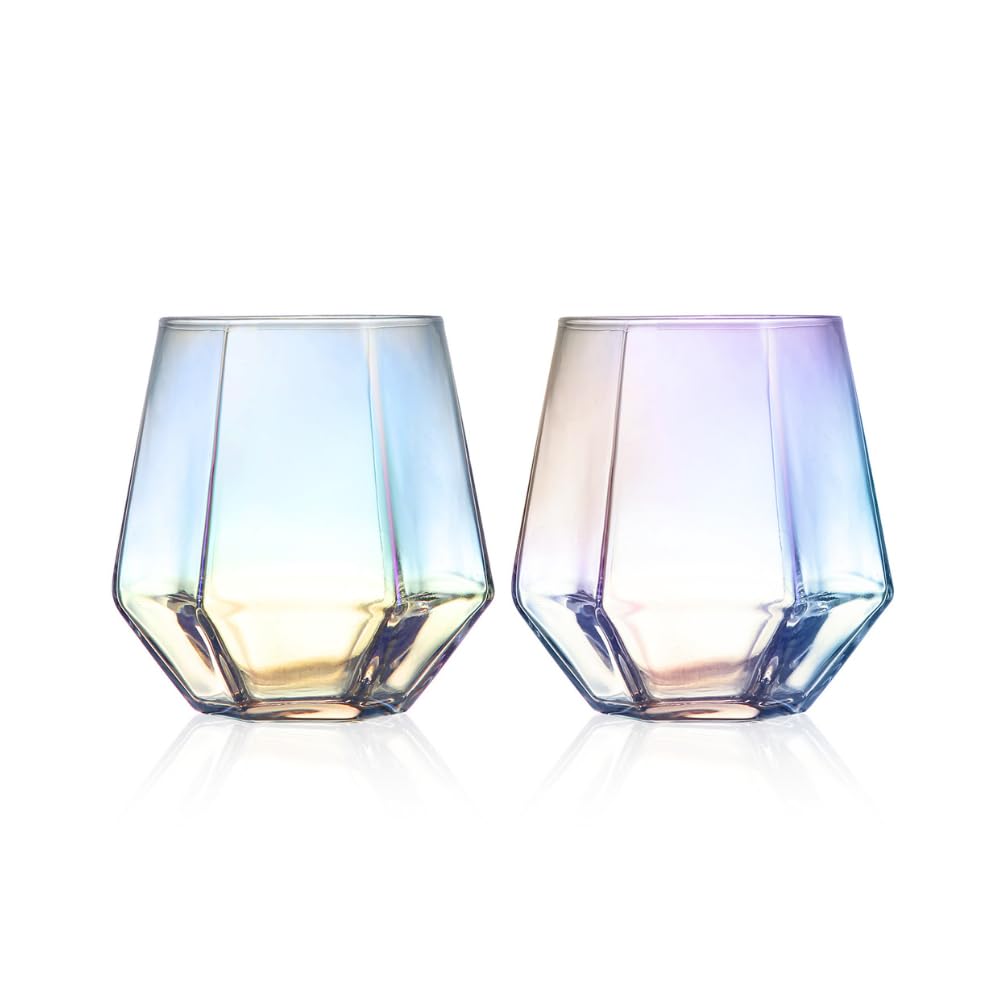 Glitzibles Premium Cube Glass Cup Set - Stemless Wine Glass Set of 2 (10 Oz) - Iridescent Glassware Gift for Wine Lovers - Diamond Rainbow Glasses for White Wine, Red Wine, and Bourbon