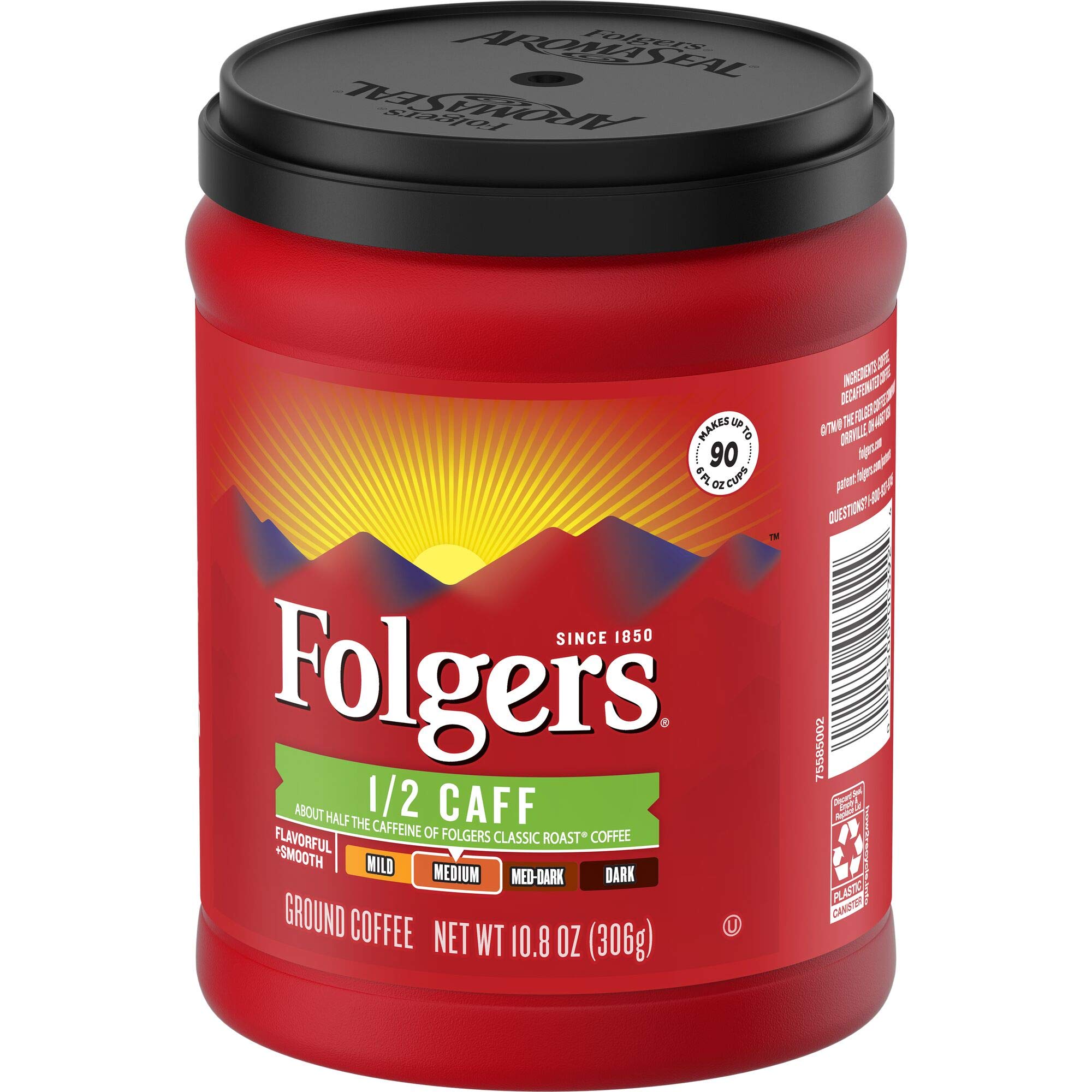 Folgers 1/2 Caff Medium Roast Ground Coffee, 10.8 Ounces